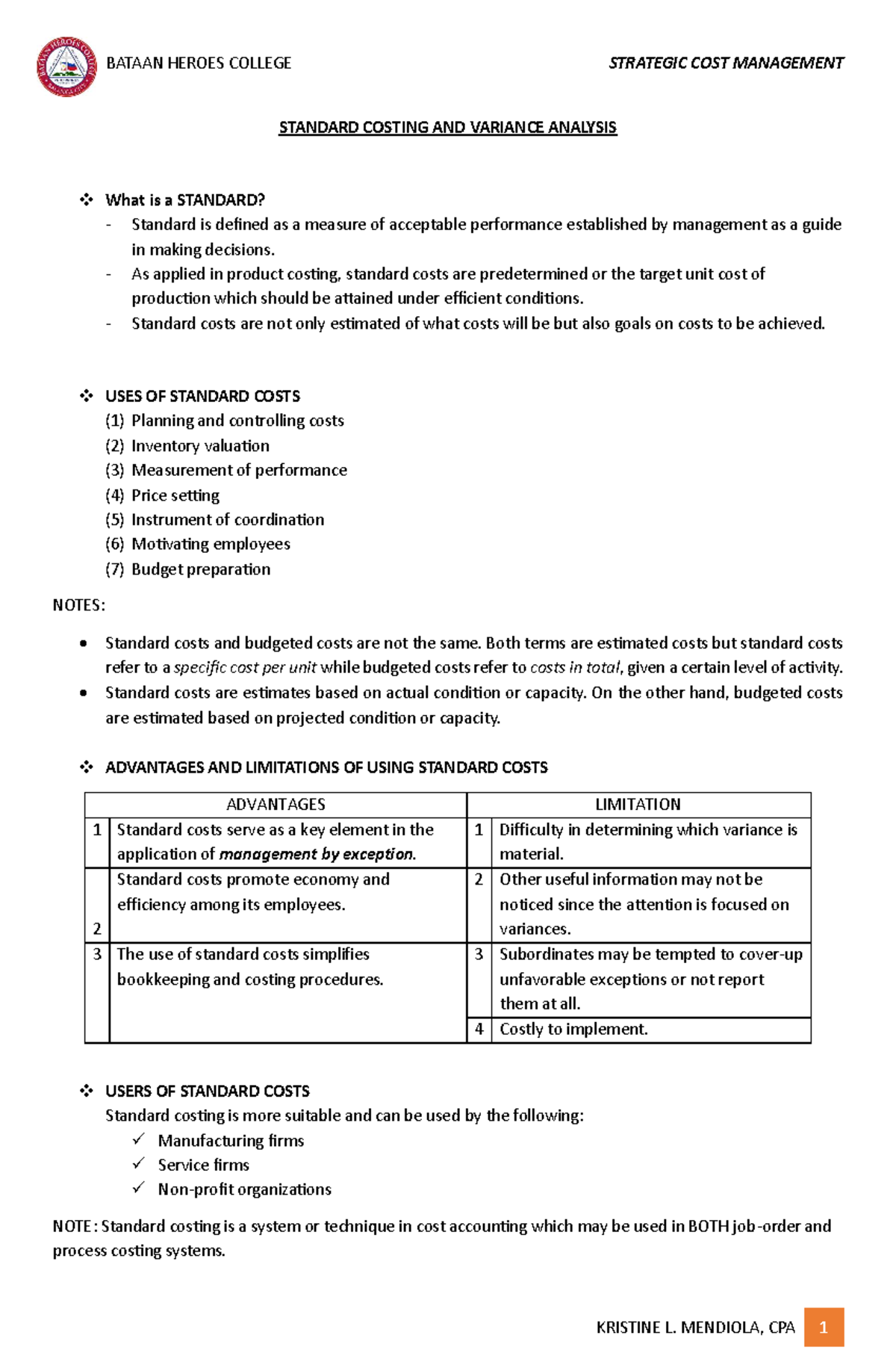 BATAAN HEROES COLLEGE STRATEGIC COST MANAGEMENT: Standard Costing ...