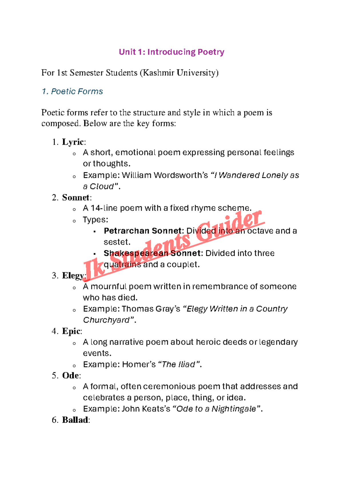 1st Semester Notes: Major & Minor English Literature (Kashmir ...