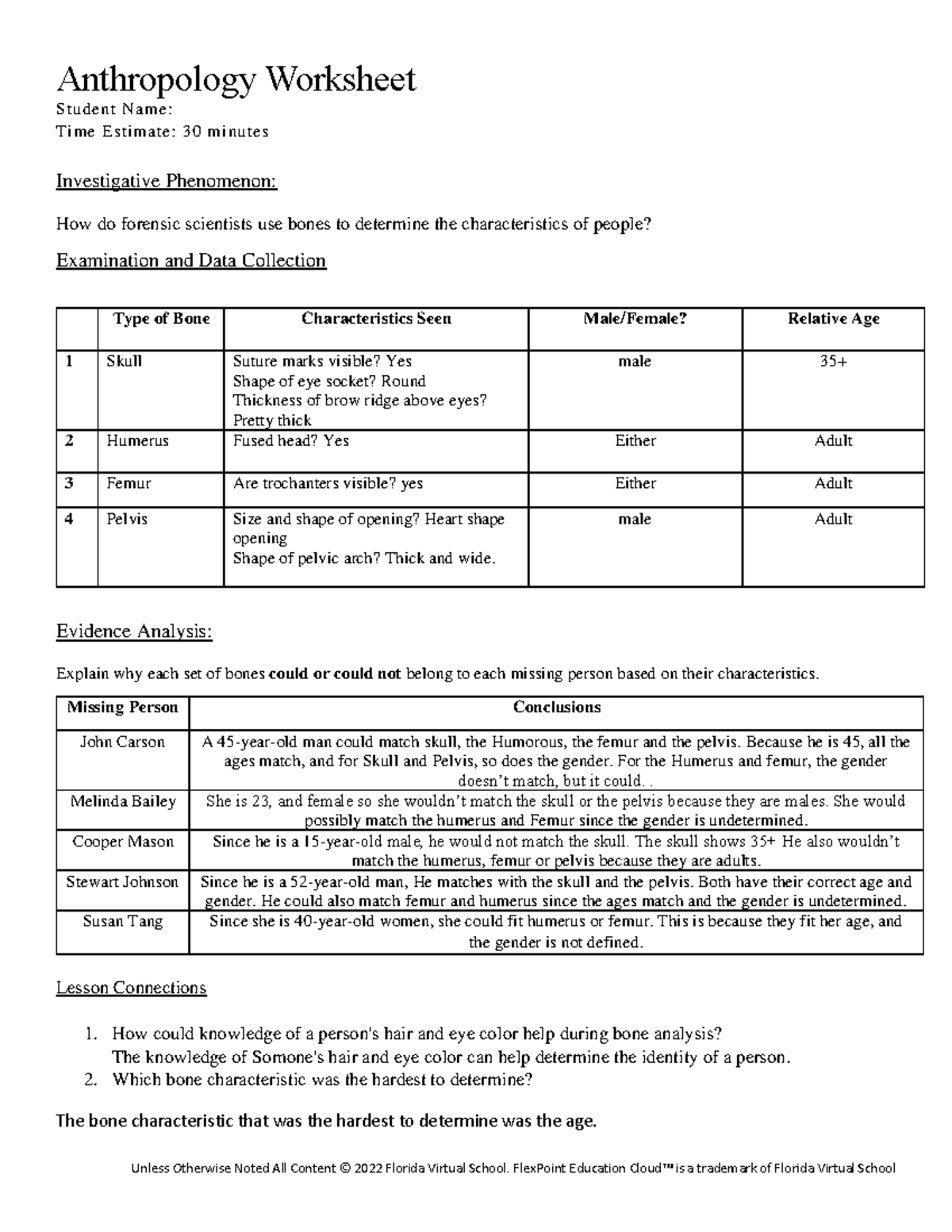 ANTH 101: Forensic Anthropology Worksheet on Bone Analysis and ...