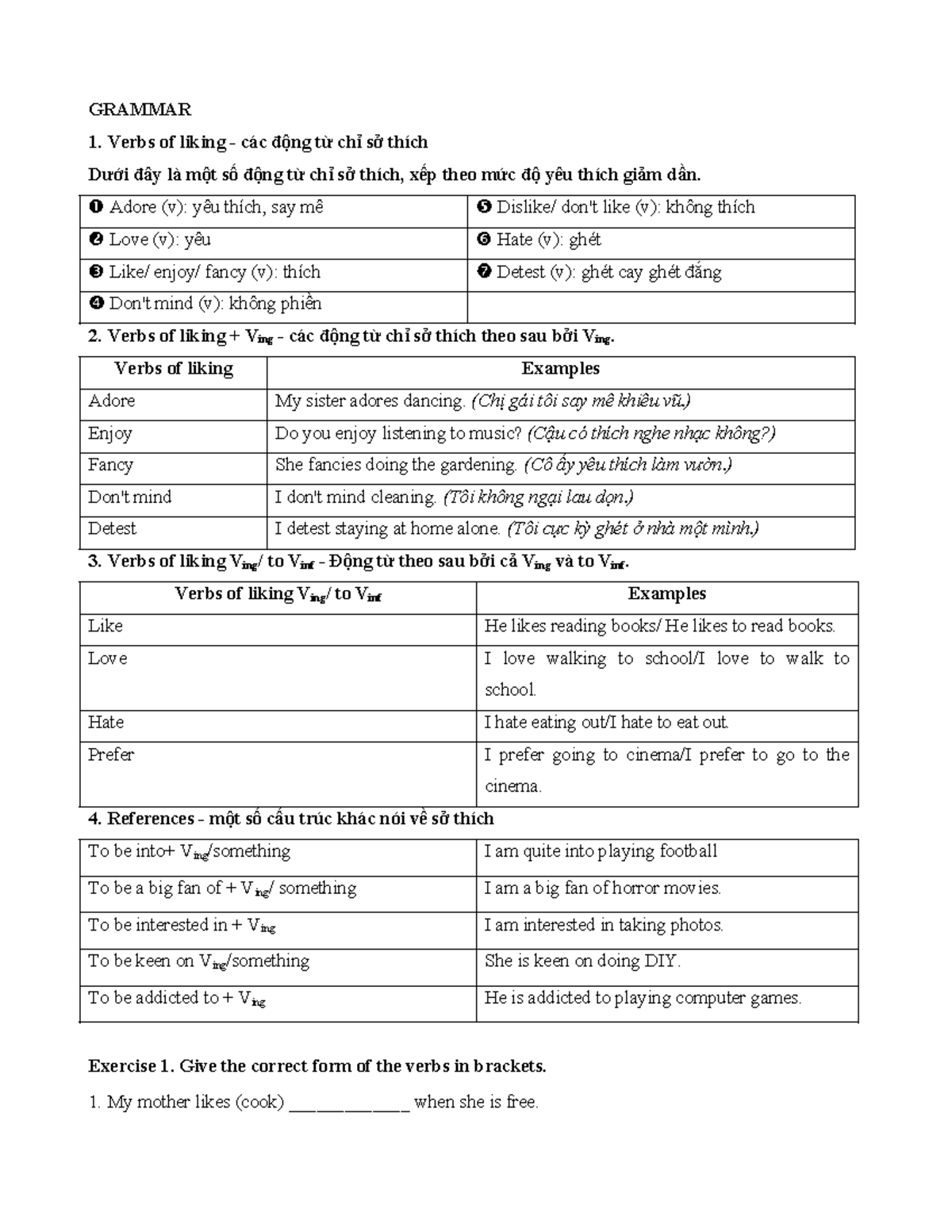 Verbs of Liking: Grammar Notes for GB8 - Studocu