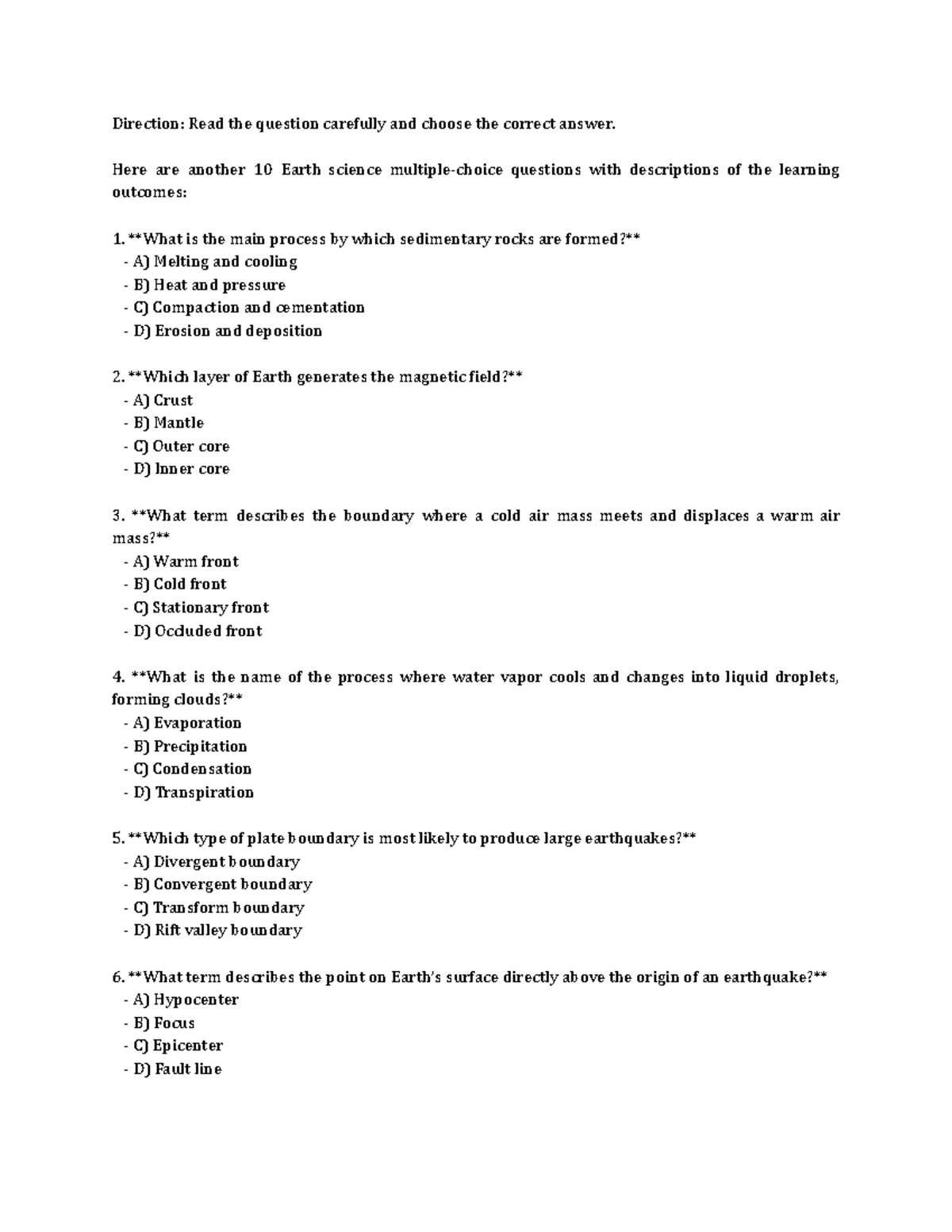 EE38 - Earth Science Quiz: Key Concepts and Processes - Studocu