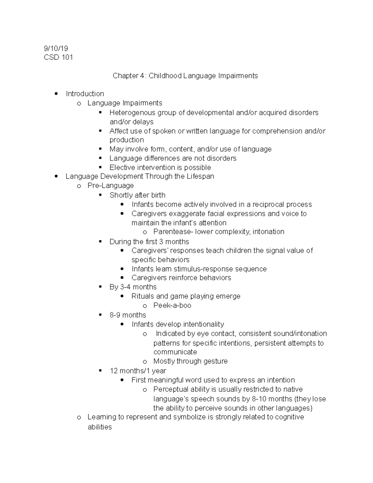 Chapter 4 Notes - 9/10/ CSD 101 Chapter 4: Childhood Language ...