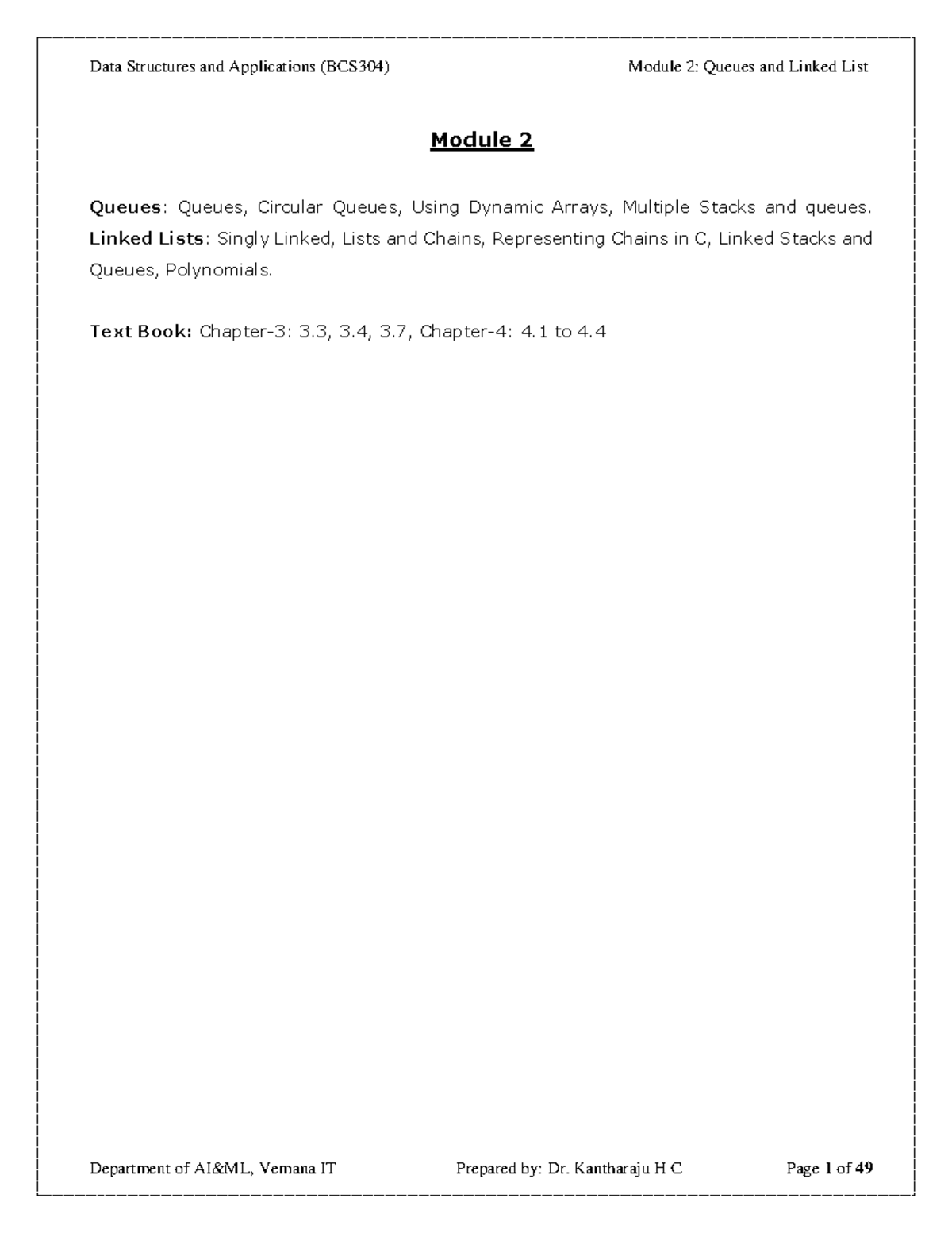 Data Structures and Applications (BCS304) Module 2: Queues & Linked Lists - Studocu