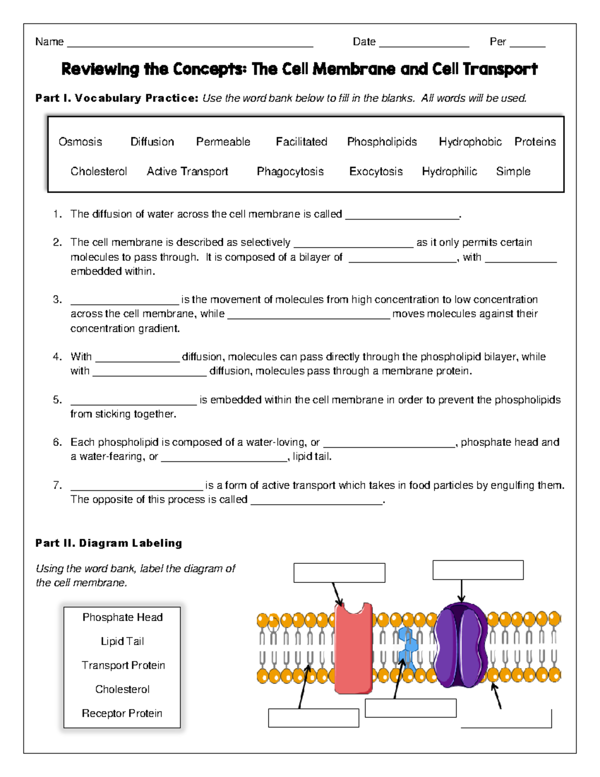 Cell Membrane Transport Concepts Worksheet - Biology 101 - Studocu