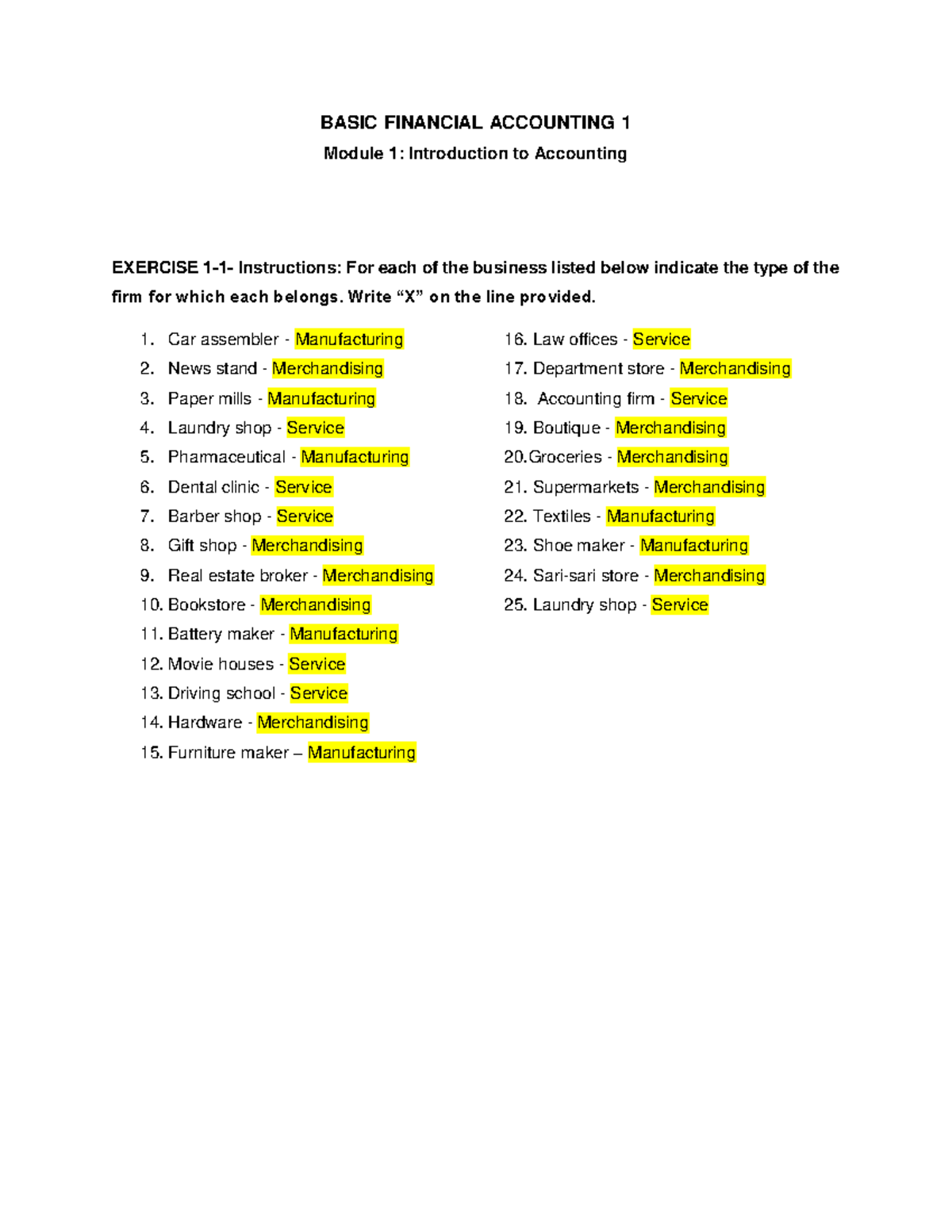 BFA1 M1 Exercise 1-1 - BASIC FINANCIAL ACCOUNTING 1 Module 1: Introduction to Accounting ...