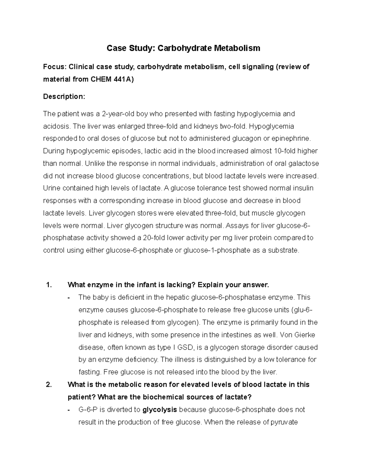 Case Study: Carbohydrate Metabolism in 2-Year-Old Patient (CHEM 441A ...