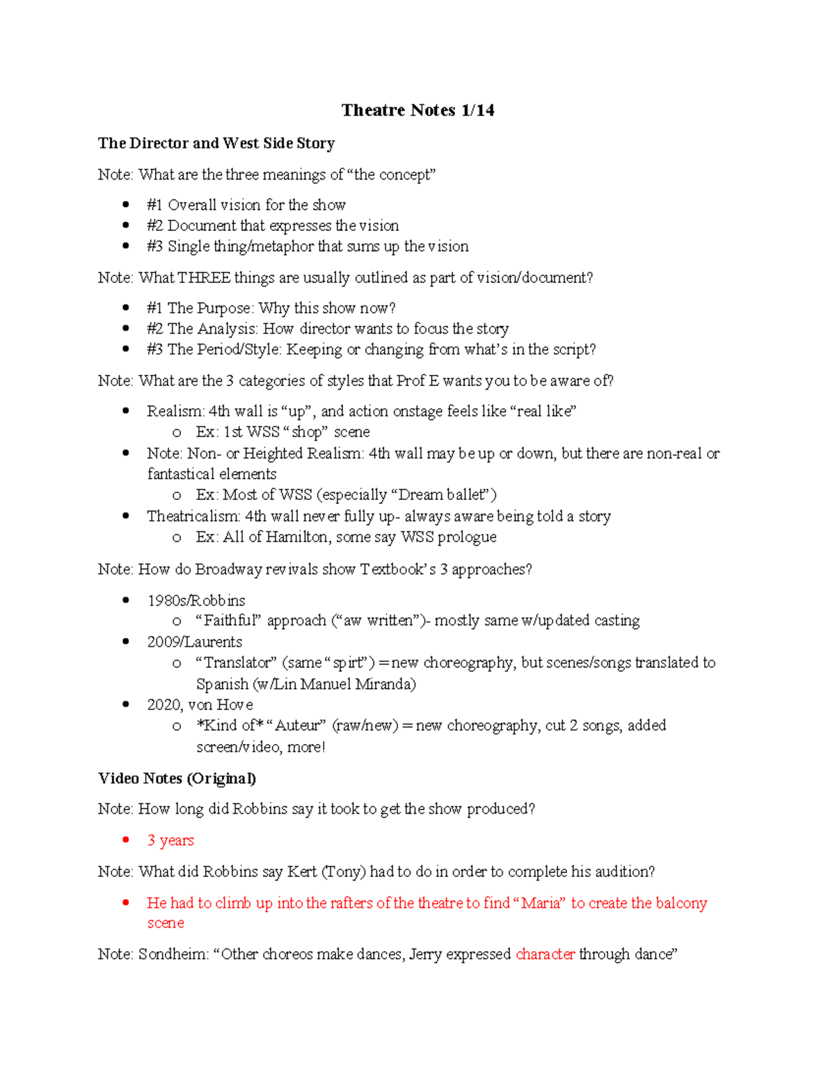 Theatre Notes for West Side Story - Class Insights (2-14-23) - Studocu