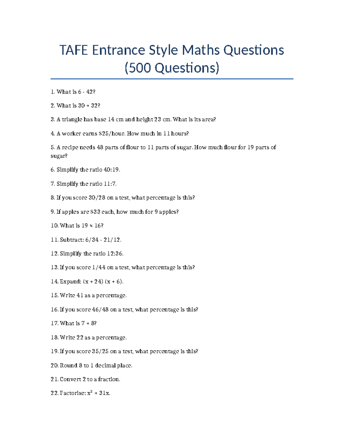 TAFE Entrance Exam: 500 Style Maths Questions - Studocu
