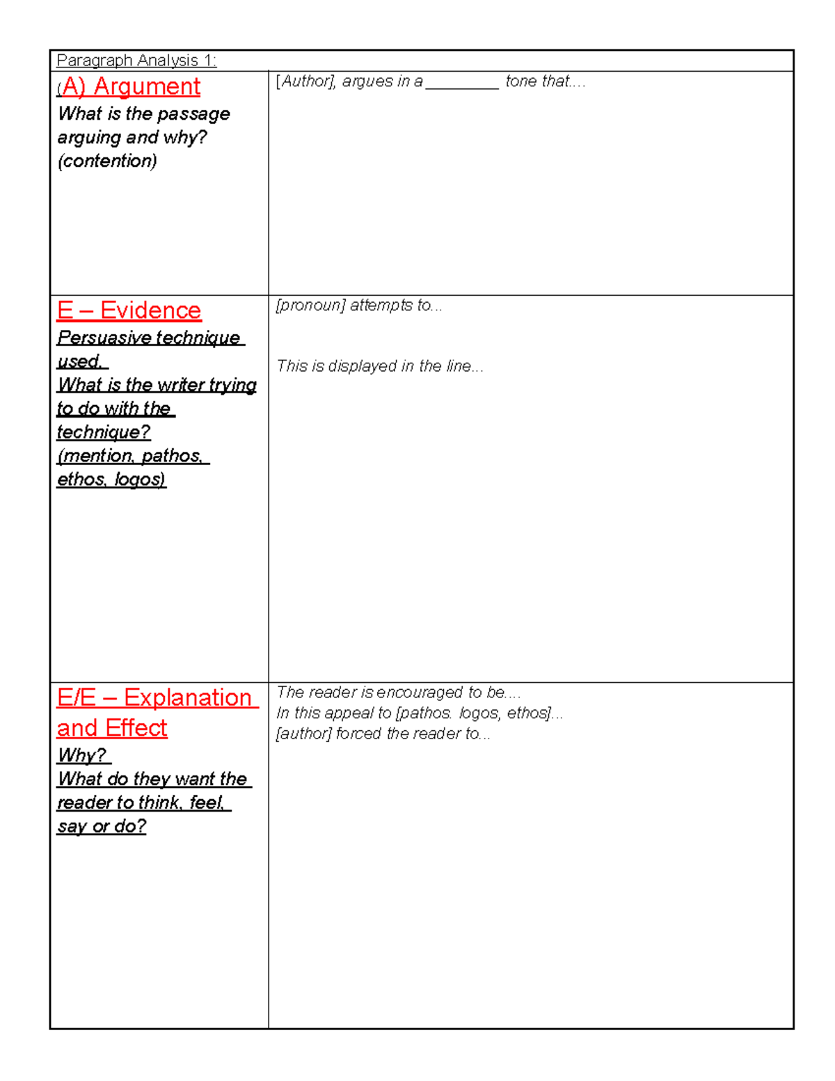 Argument Analysis Template for Persuasive Writing - Paragraph Analysis ...