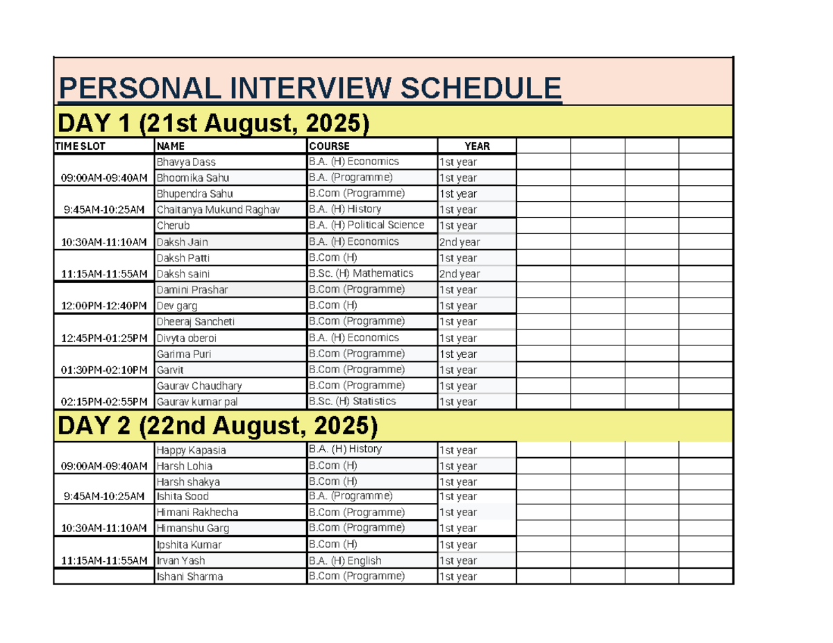 Personal Interview Schedule - Day 1 & Day 2 (Aug 21-22, 2025) - Studocu