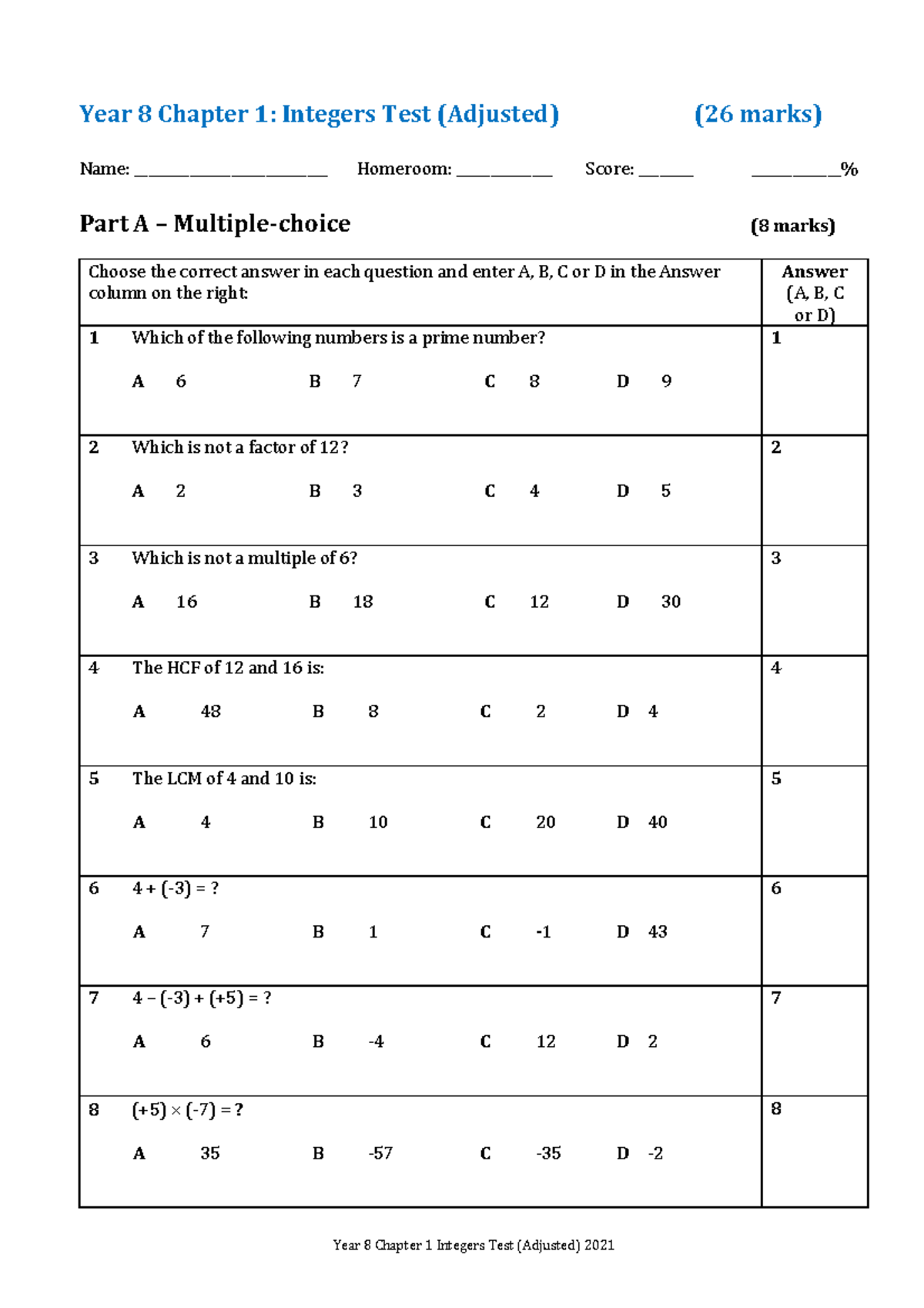 Y8 Chapter 1 Integers Test (Adjusted) 2021 - 26 Marks - Studocu