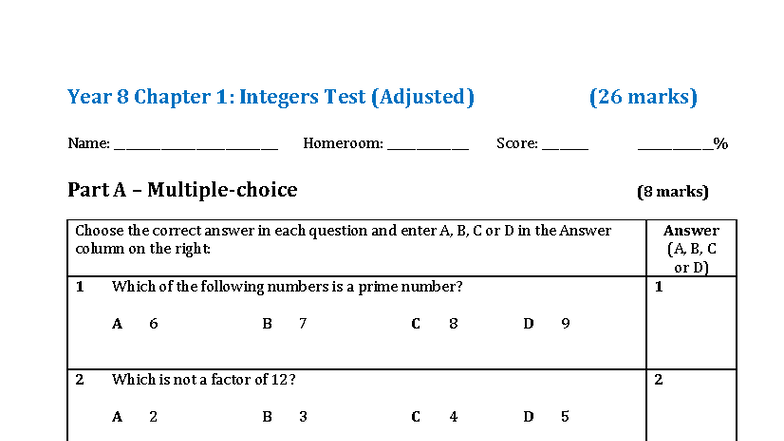 Y8 Chapter 1 Integers Test (Adjusted) 2021 - 26 Marks - Studocu