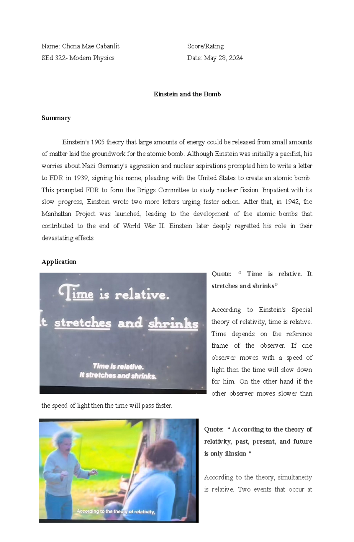 SEd 322 - Movie Analysis: Einstein's Theory and the Atomic Bomb - Studocu