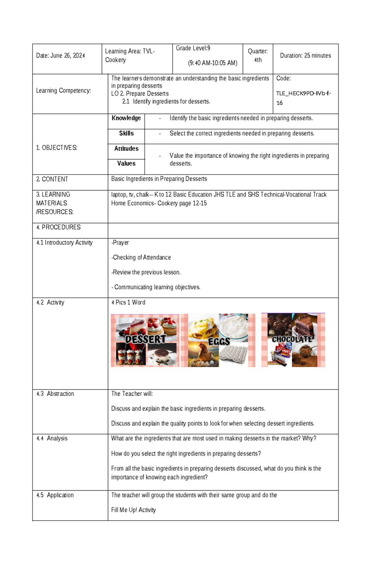 Lesson Plan: Preparing Desserts - TLE_HECK9PD-IVb-f-16 - Studocu
