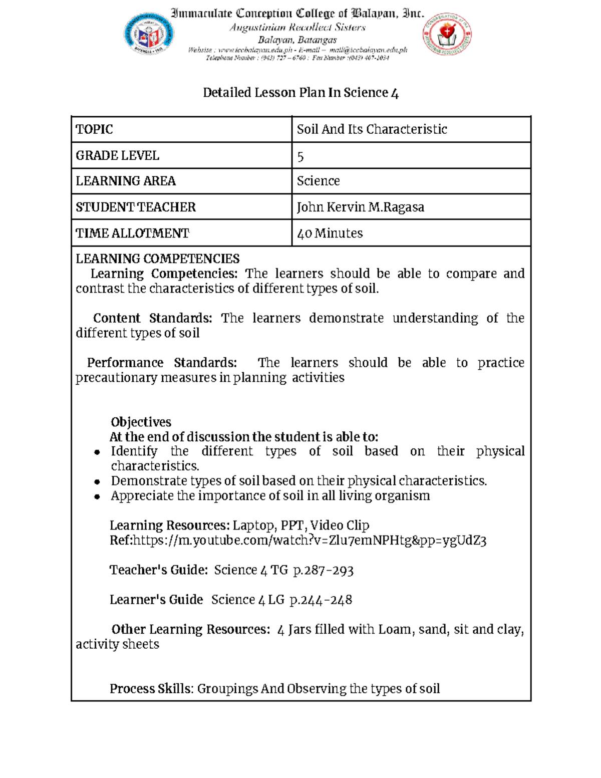 Science 5E's DLP: Soil Characteristics Lesson Plan by J. Ragasa - Studocu