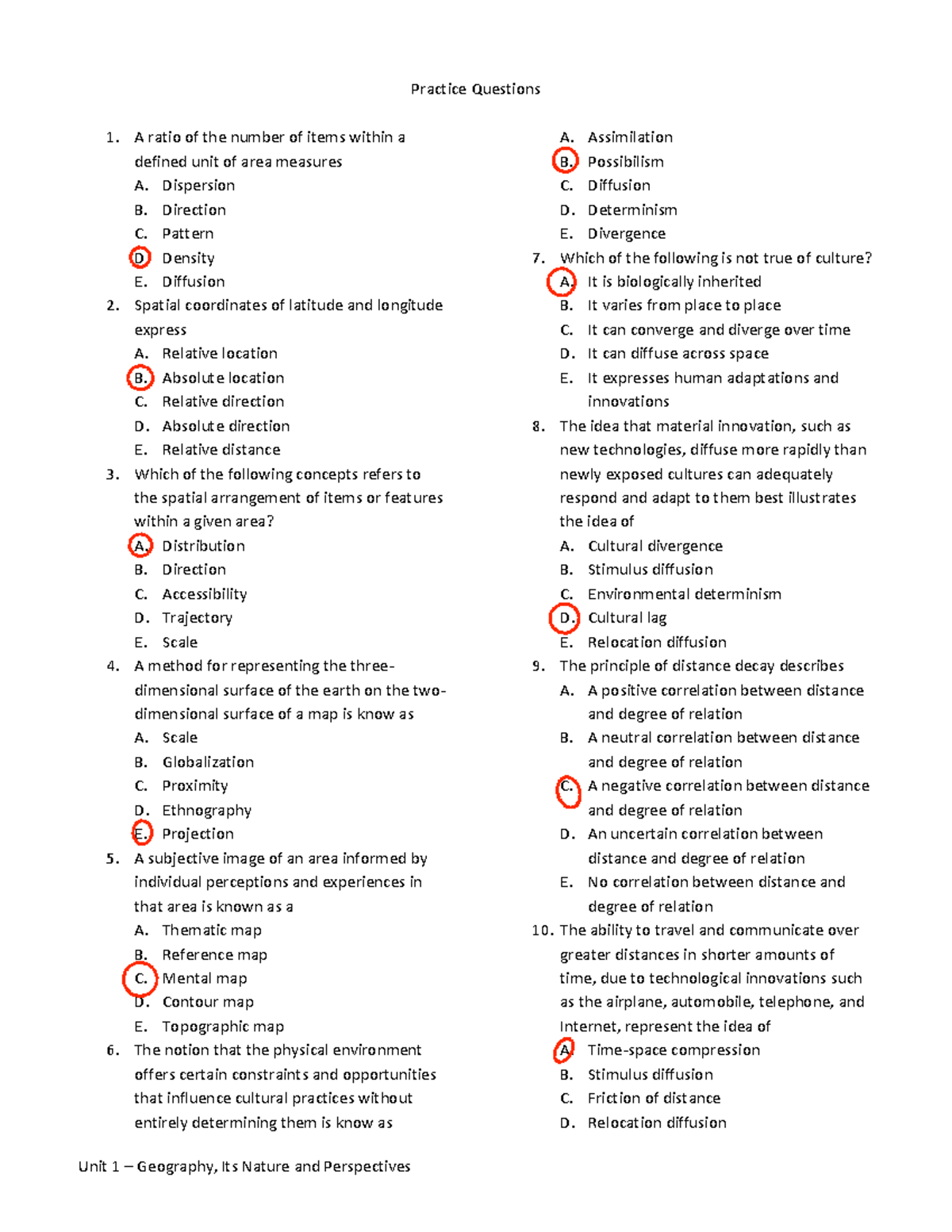 Unit 1 - Practice MC Questions and Key for Geography Perspectives - Studocu