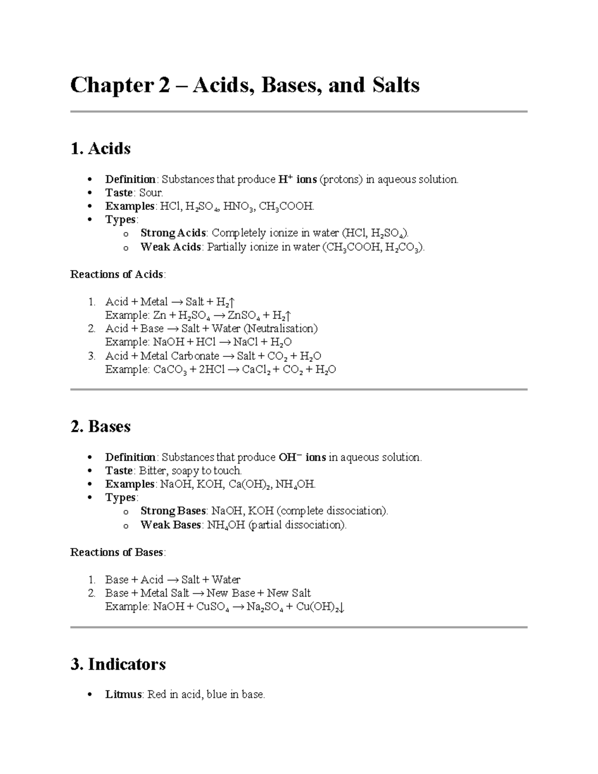 Chapter 2 - Acids, Bases, and Salts Revision Notes - Studocu