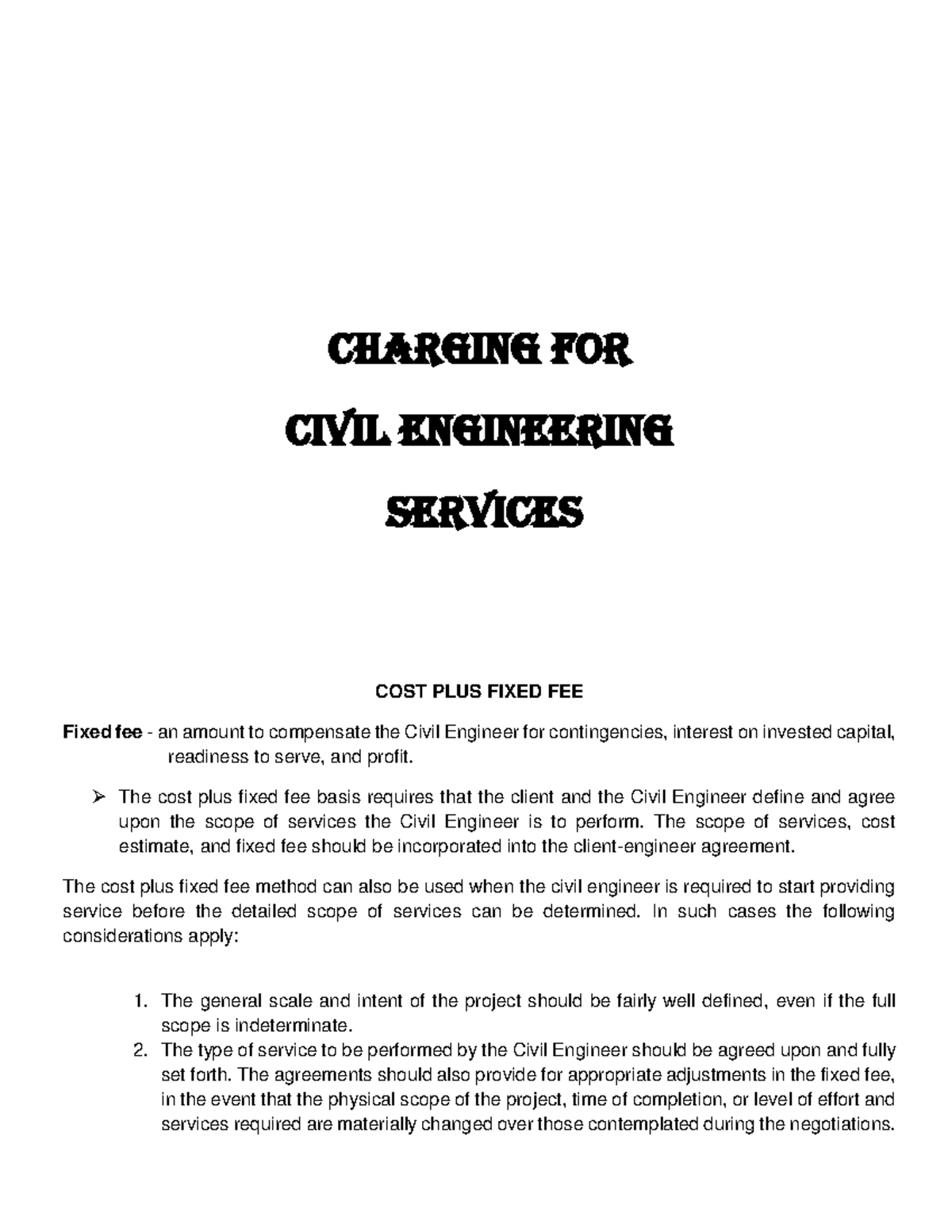 CIV ENG 101: Cost Plus Fixed Fee & Pricing Methods Explained - Studocu