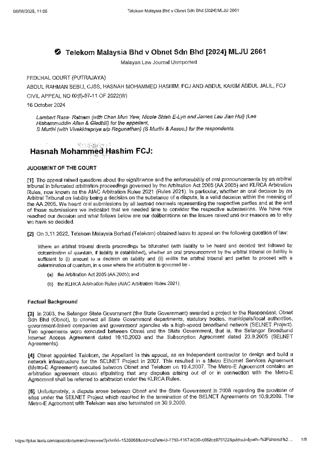 Telekom Malaysia Bhd V Obnet Sdn Bhd: MLJU 2661 Case Analysis - Studocu