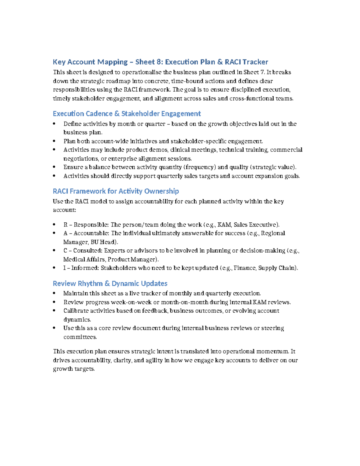 KAM Sheet 8: Execution Plan & RACI Tracker for Key Accounts - Studocu