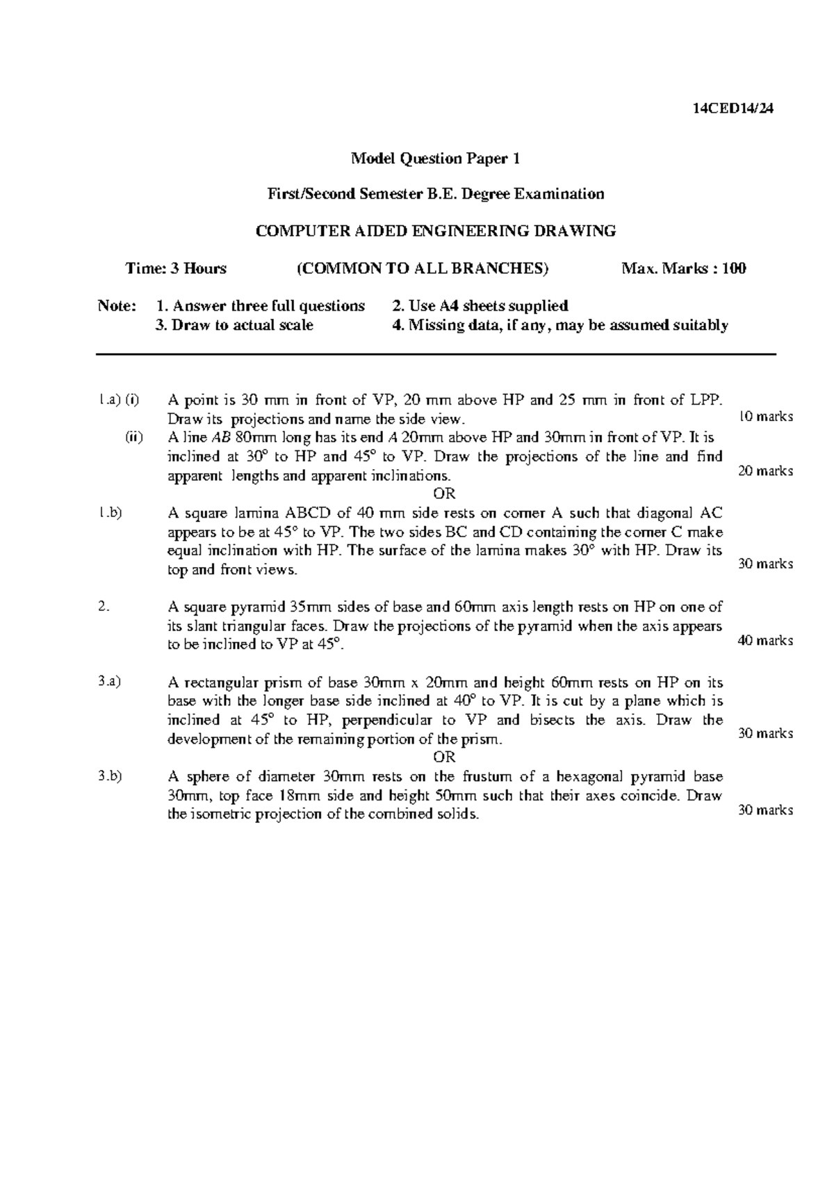 Caed1 - Model Question Paper for Computer Aided Engg Drawing - Studocu