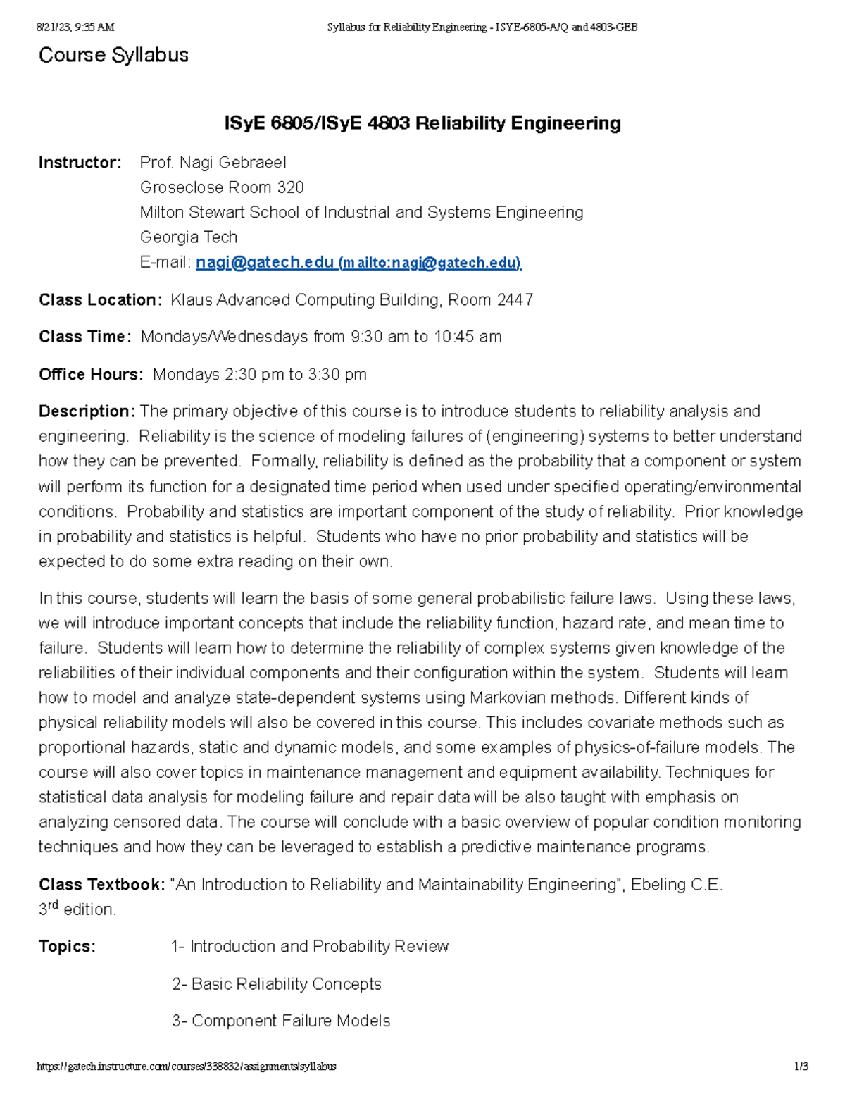 Syllabus for ISYE 6805/4803 Reliability Engineering Course - Fall 2023 ...
