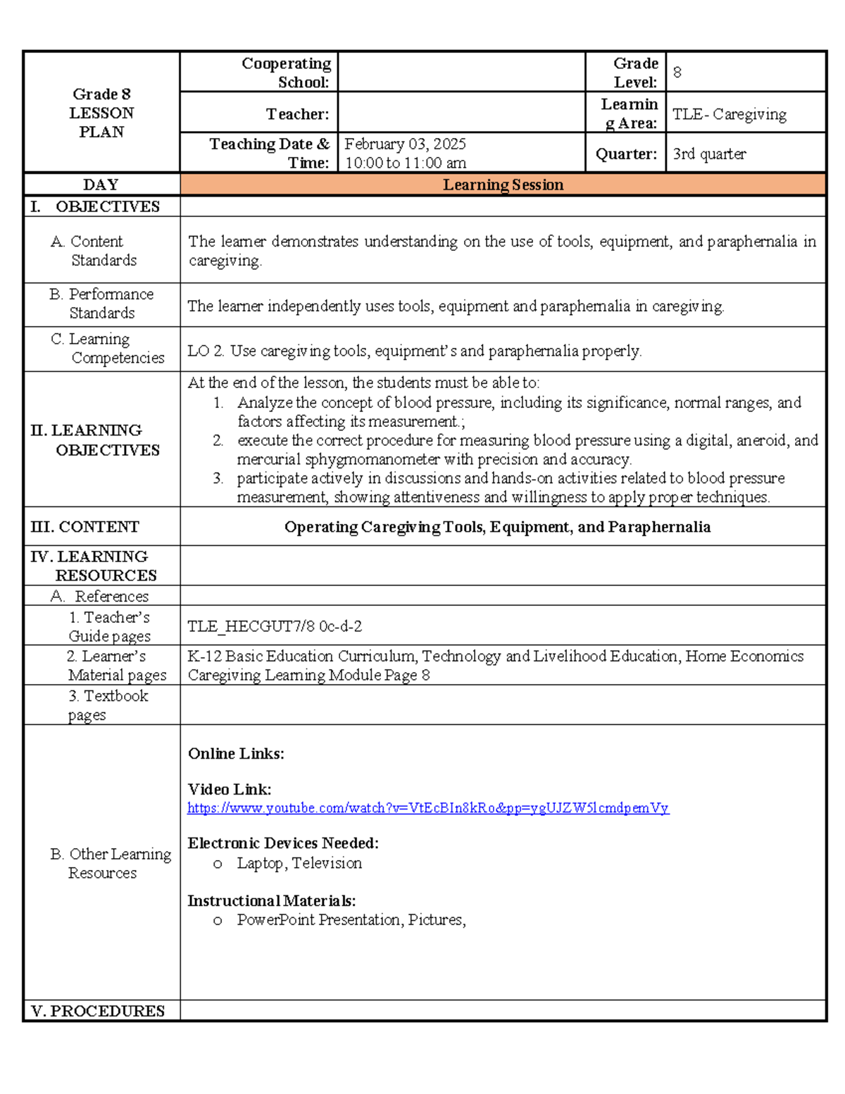 Grade 8 TLE LESSON PLAN: Understanding Blood Pressure Measurement - Studocu