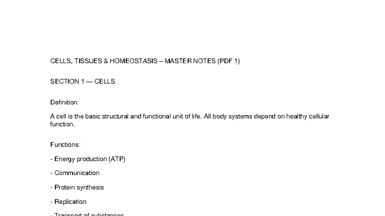 PDF 1 Cells Tissues Homeostasis - CELLS, TISSUES & HOMEOSTASIS – MASTER ...
