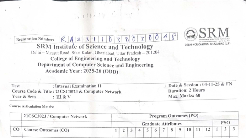 21CSC302J Computer Network Internal Exam 1 - Nov 2025 - Studocu