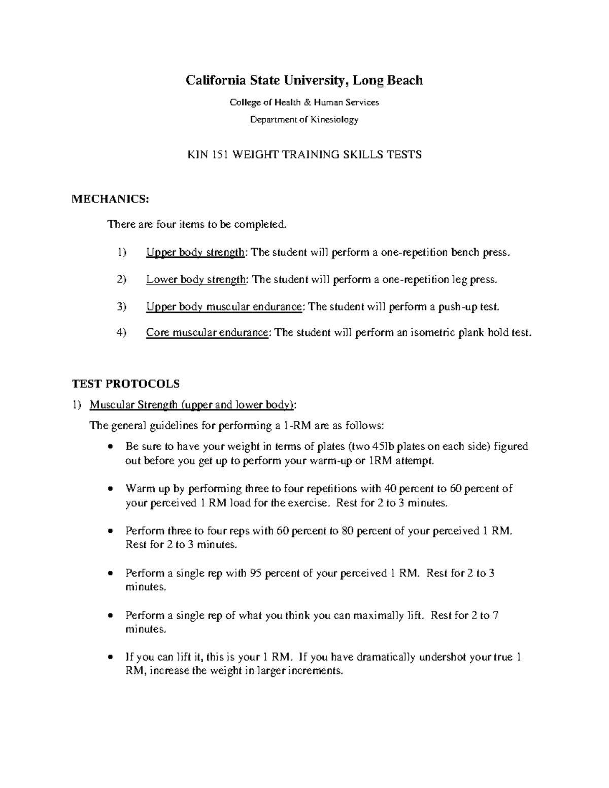 151 Weight Training Overview Skills Tests and Rubric - Copy ...