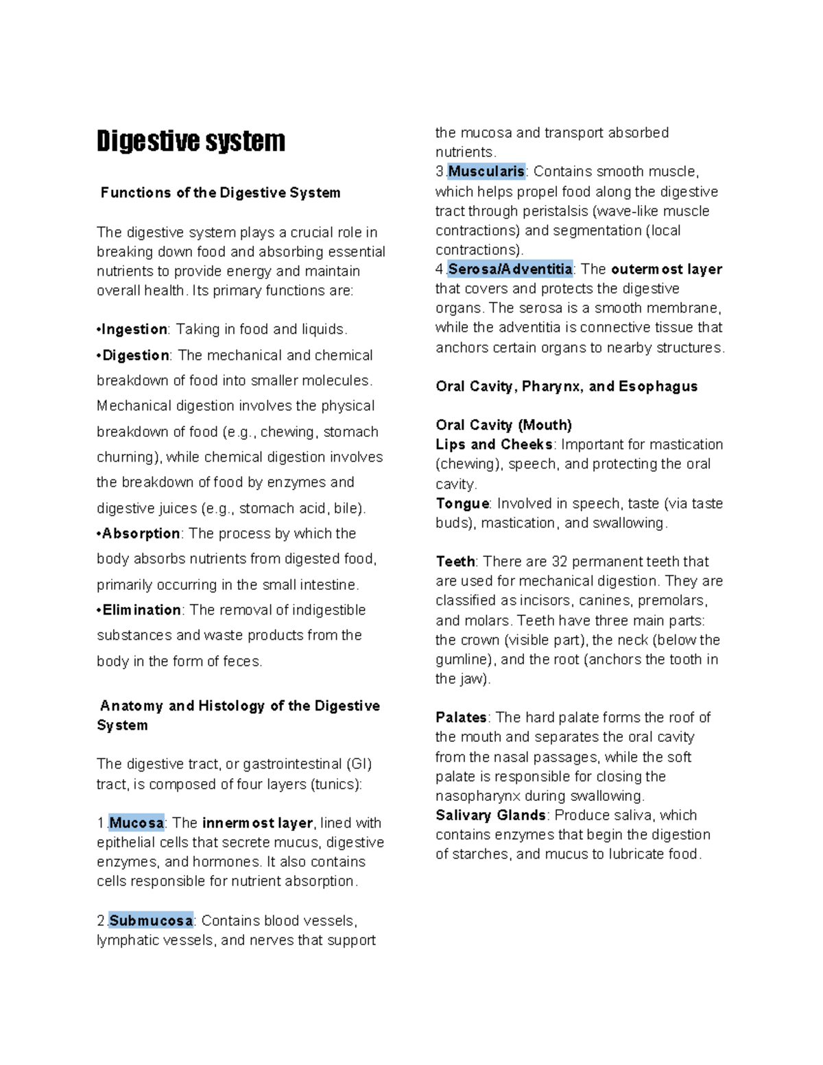 Digestive System Functions and Anatomy Notes (BIO 101) - Studocu