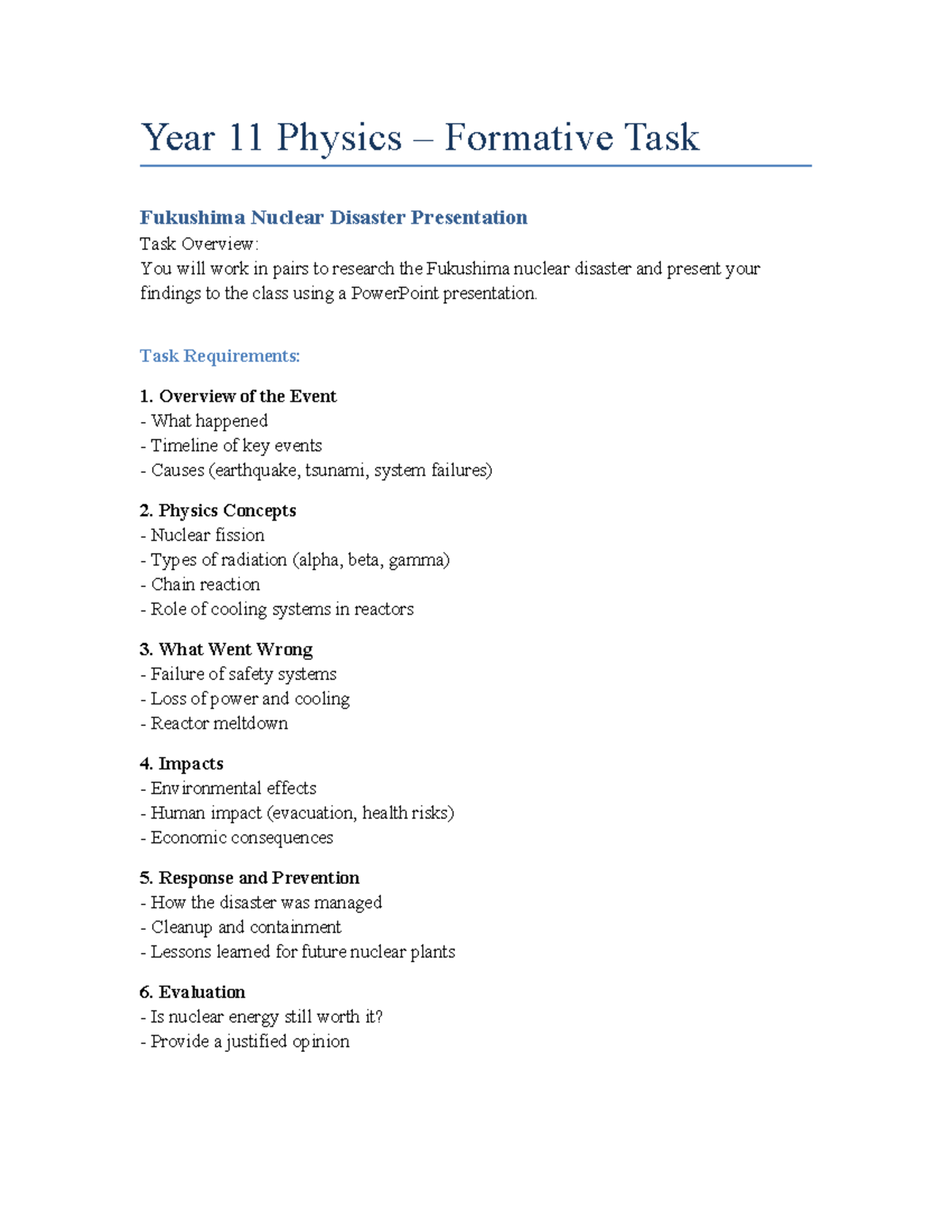 Year 11 Physics Formative Task: Fukushima Disaster Presentation Guide ...