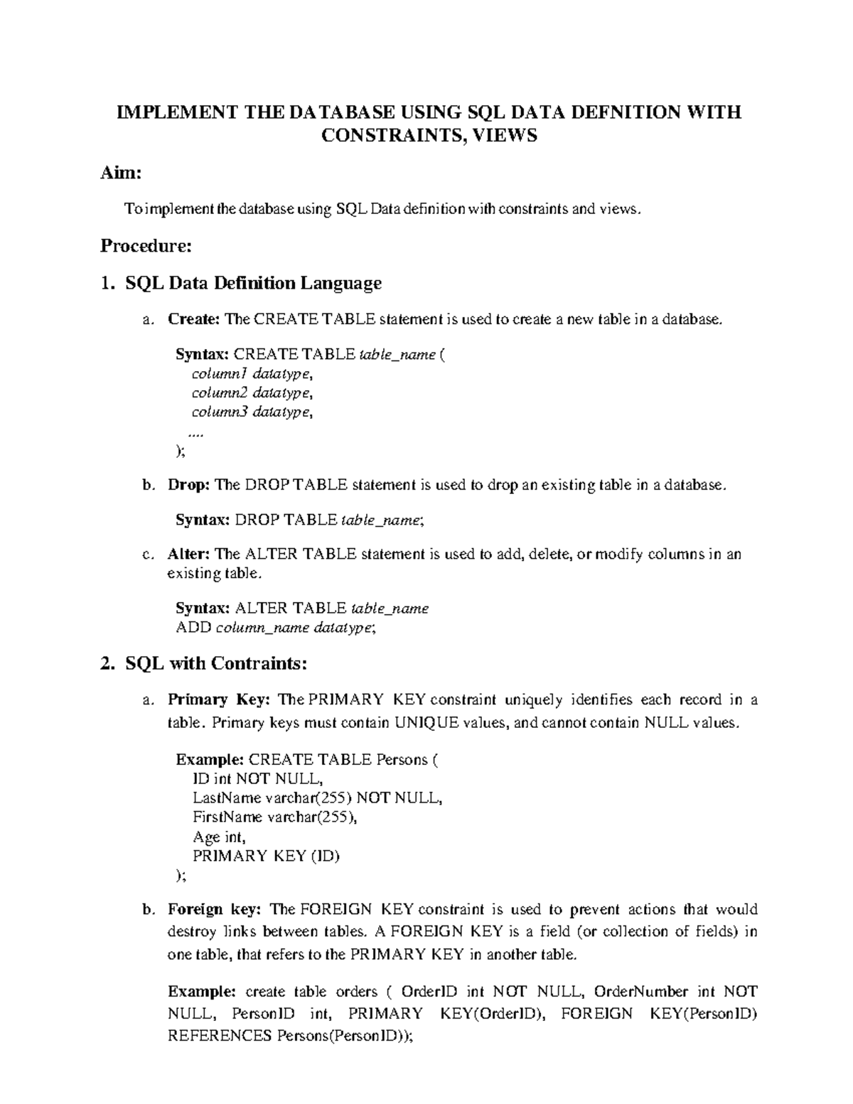 Exp3 - SQL Database Lab Manual: Constraints & Views Implementation - Studocu