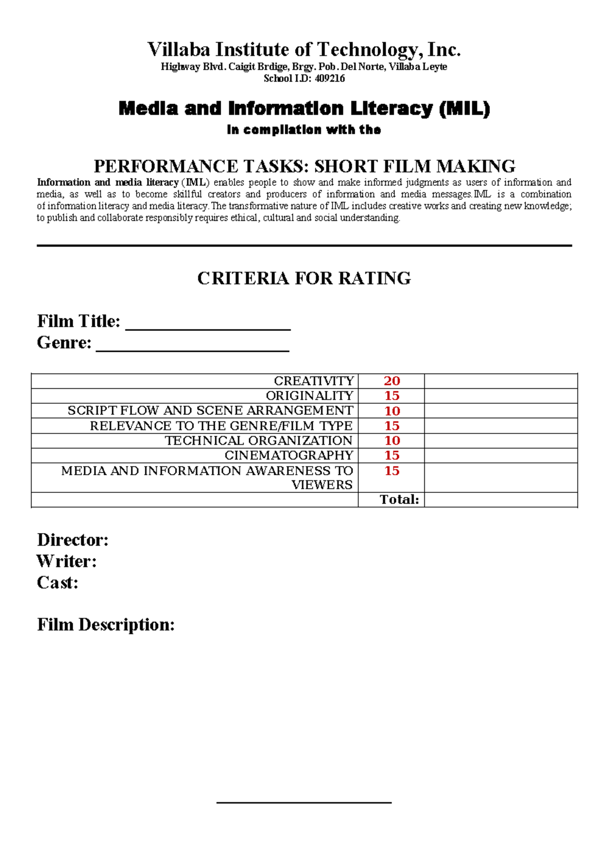 MIL 409216 Performance Task: Short Film Making Rating Criteria - Studocu