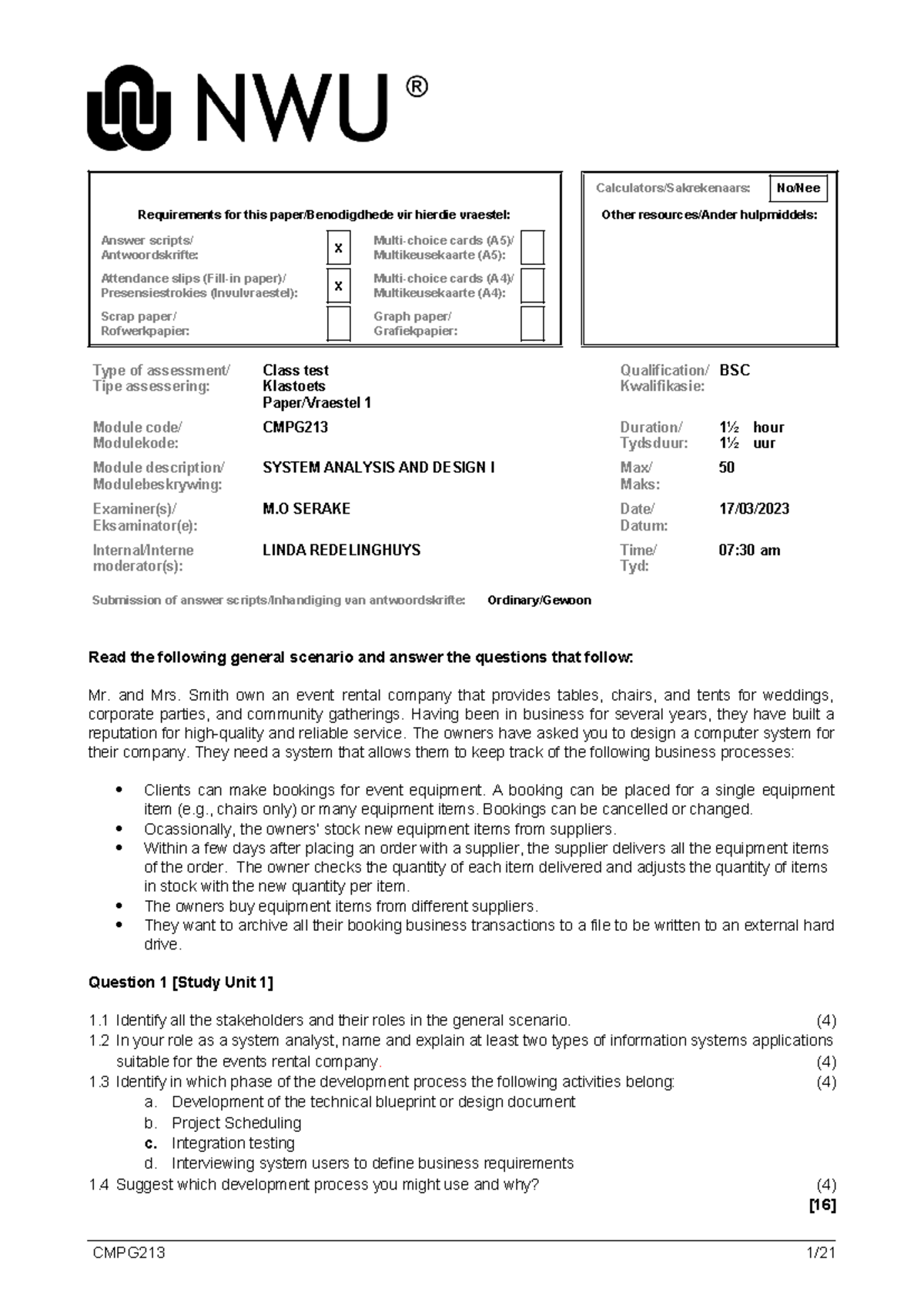 CMPG213 Class Test 1 2023 - System Analysis and Design Overview - Studocu