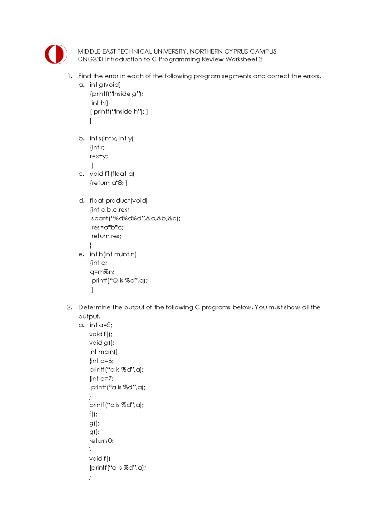 CNG230 Introduction to C Programming Review Worksheet - Studocu