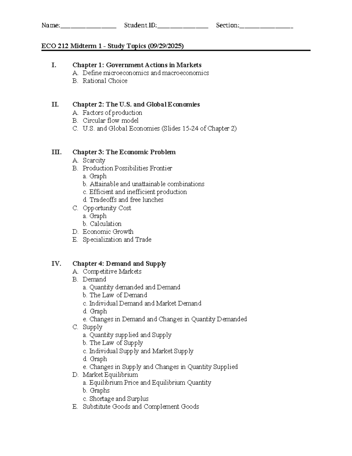 ECO 212 Midterm 1 Study Guide: Key Topics and Concepts - Studocu