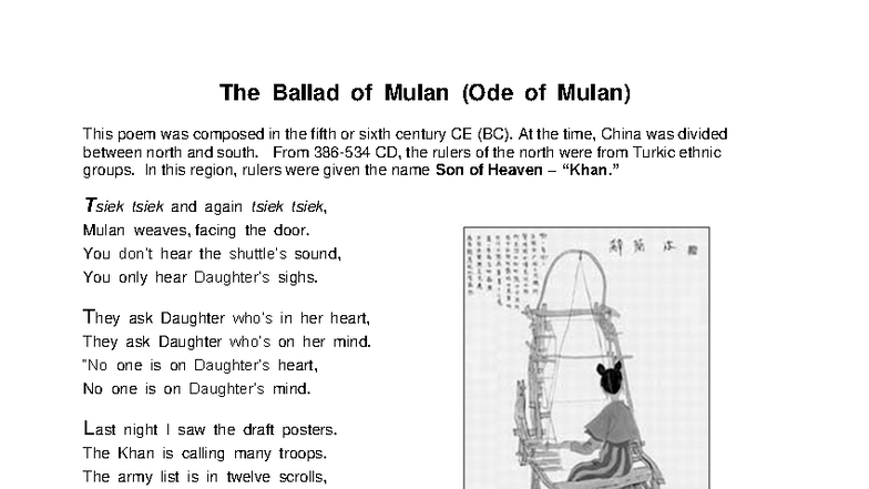 Ballad of Mulan: Simplified Retelling and Analysis - Studocu