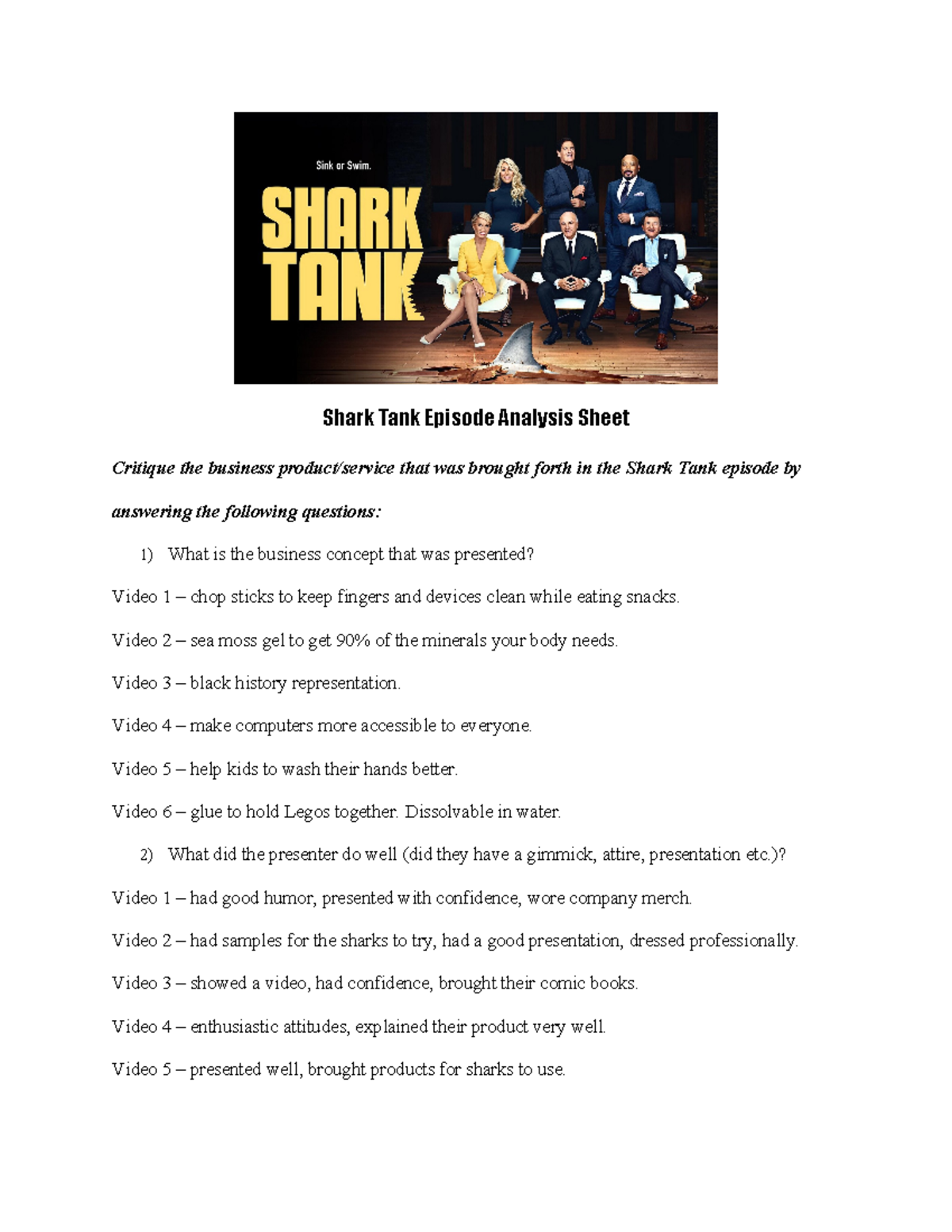 Shark Tank Evaluation Sheet: Business Concept Analysis ...