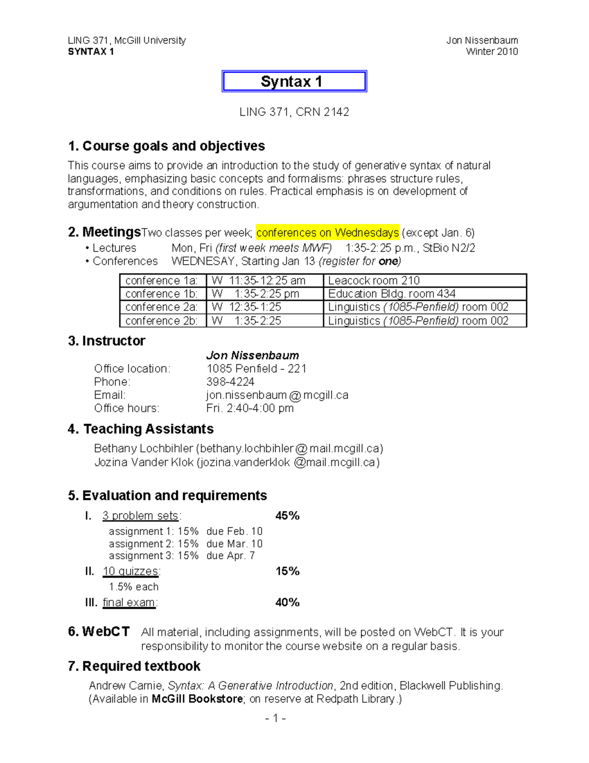 LING 371 - Syntax 1 Course Overview and Schedule (Winter 2010) - Studocu
