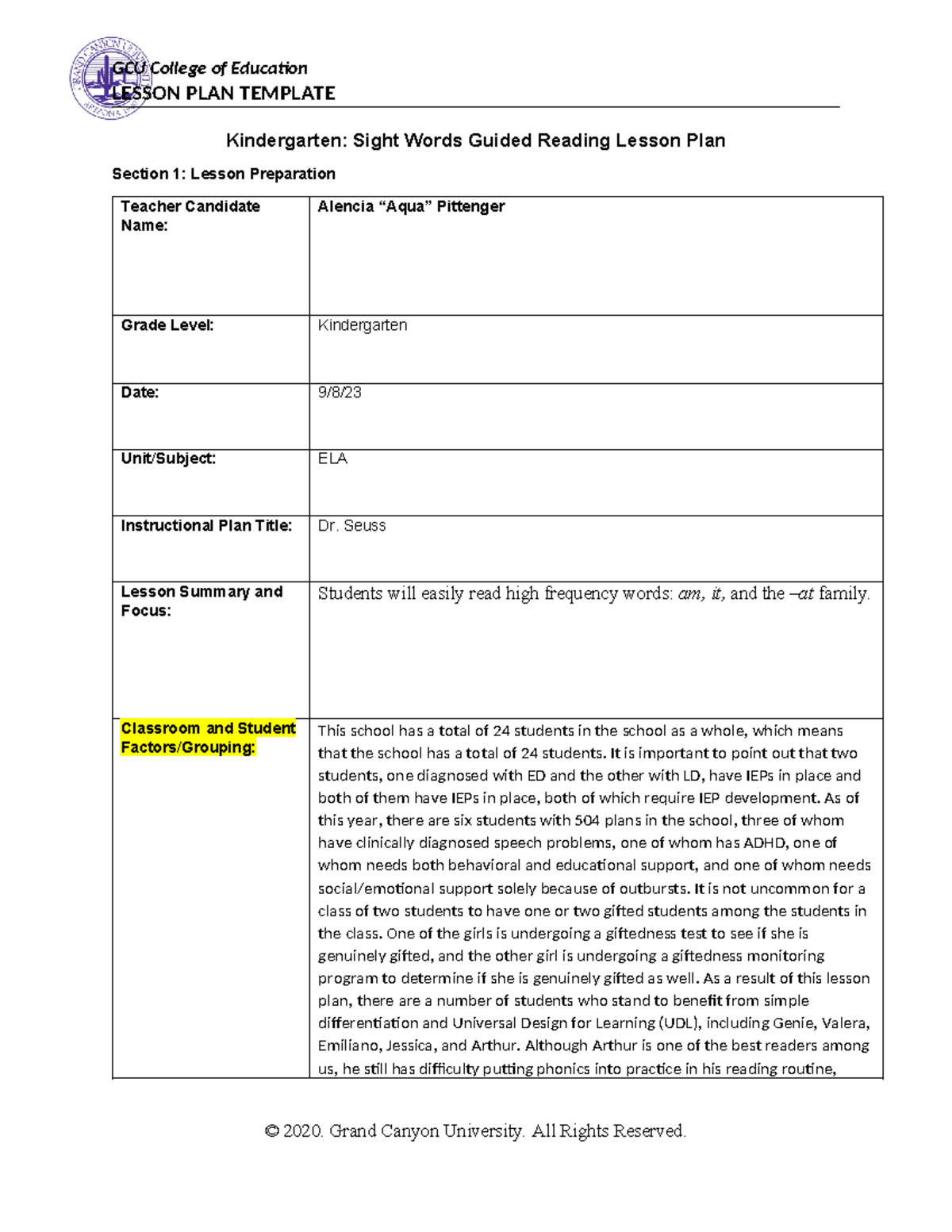 SPD-208 Kindergarten Guided Reading Lesson Plan for Sight Words - Studocu