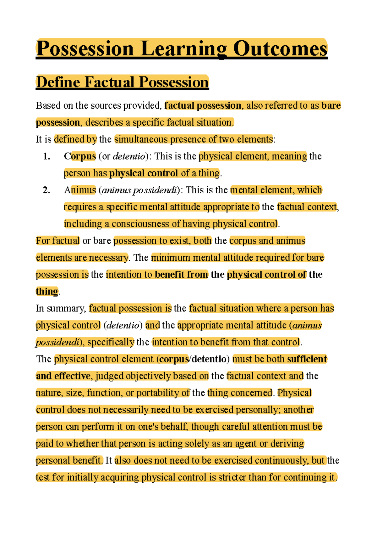 Possession Learning Outcomes: Understanding Factual Possession Elements ...