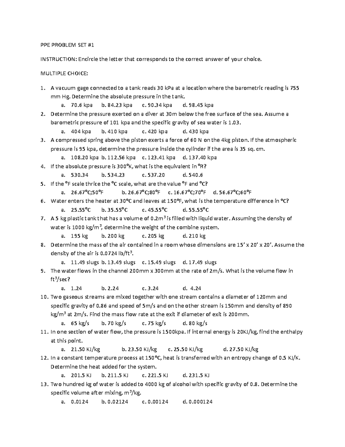 PPE Problem Set Thermodynamics Day 1: Multiple Choice Questions - Studocu