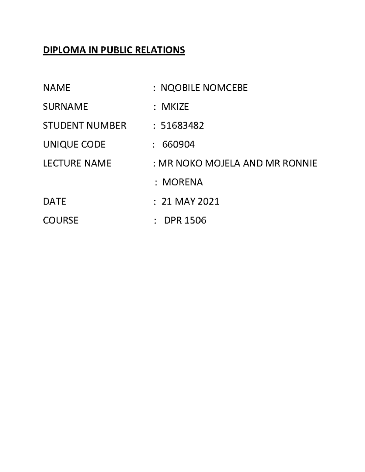 Dpr 1506 - Public Relations - DIPLOMA IN PUBLIC RELATIONS NAME ...