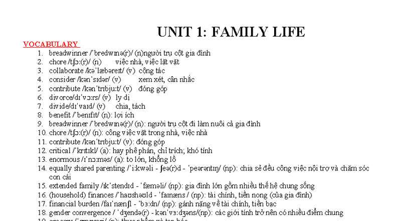 UNIT 1: FAMILY LIFE - Vocabulary and Grammar Notes - Studocu