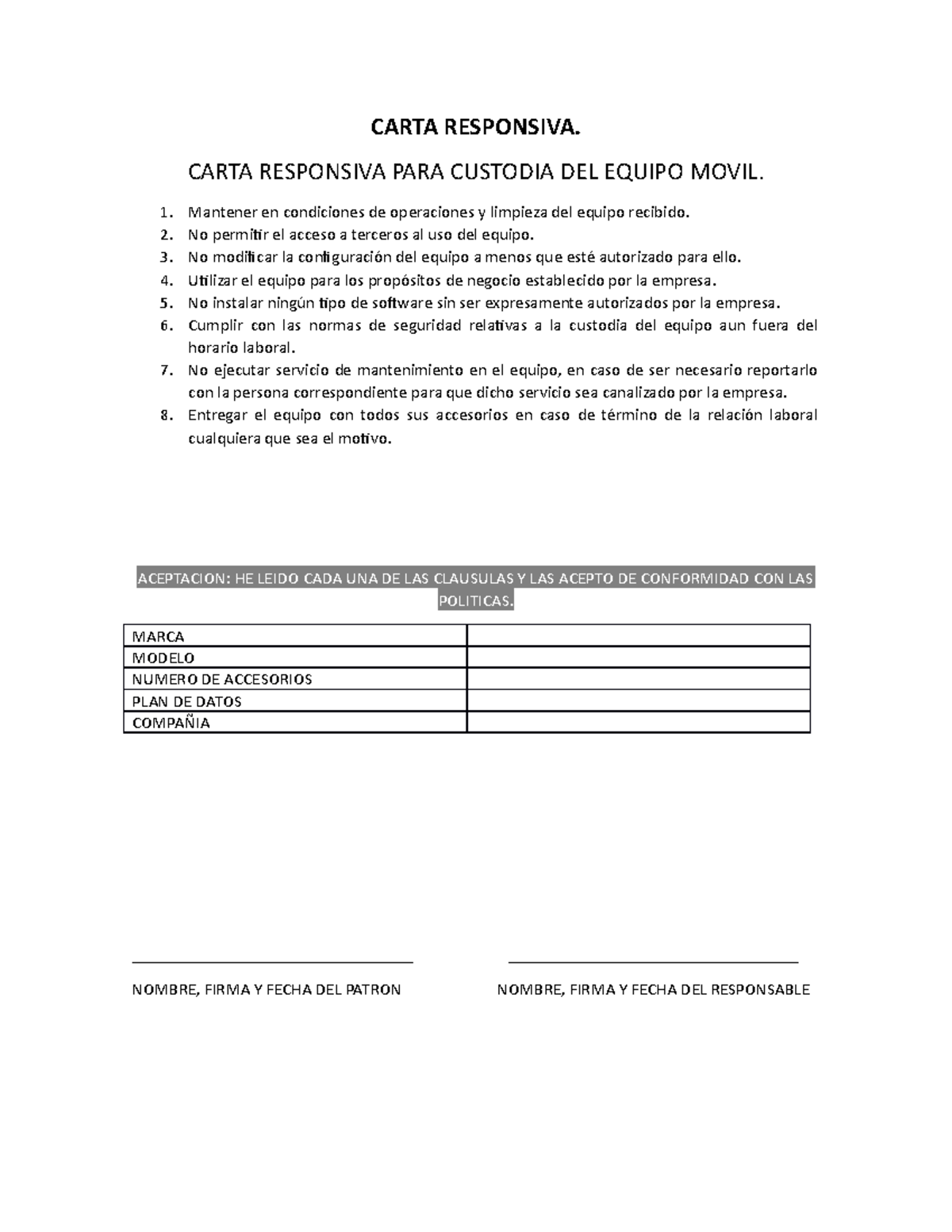 Carta Responsiva para Custodia de Equipos Móviles - Normas y Aceptación ...
