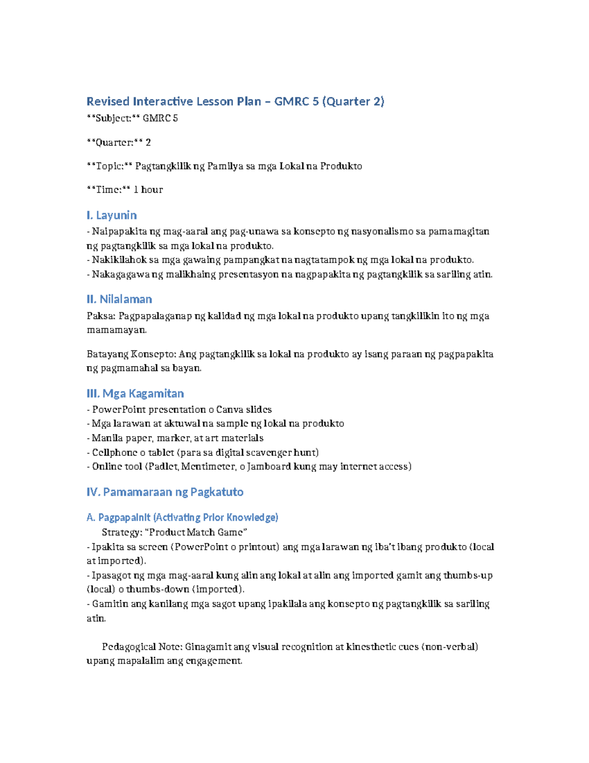 Revised Interactive GMRC 5 Lesson Plan: Pagtangkilik sa Lokal na Produkto - Studocu