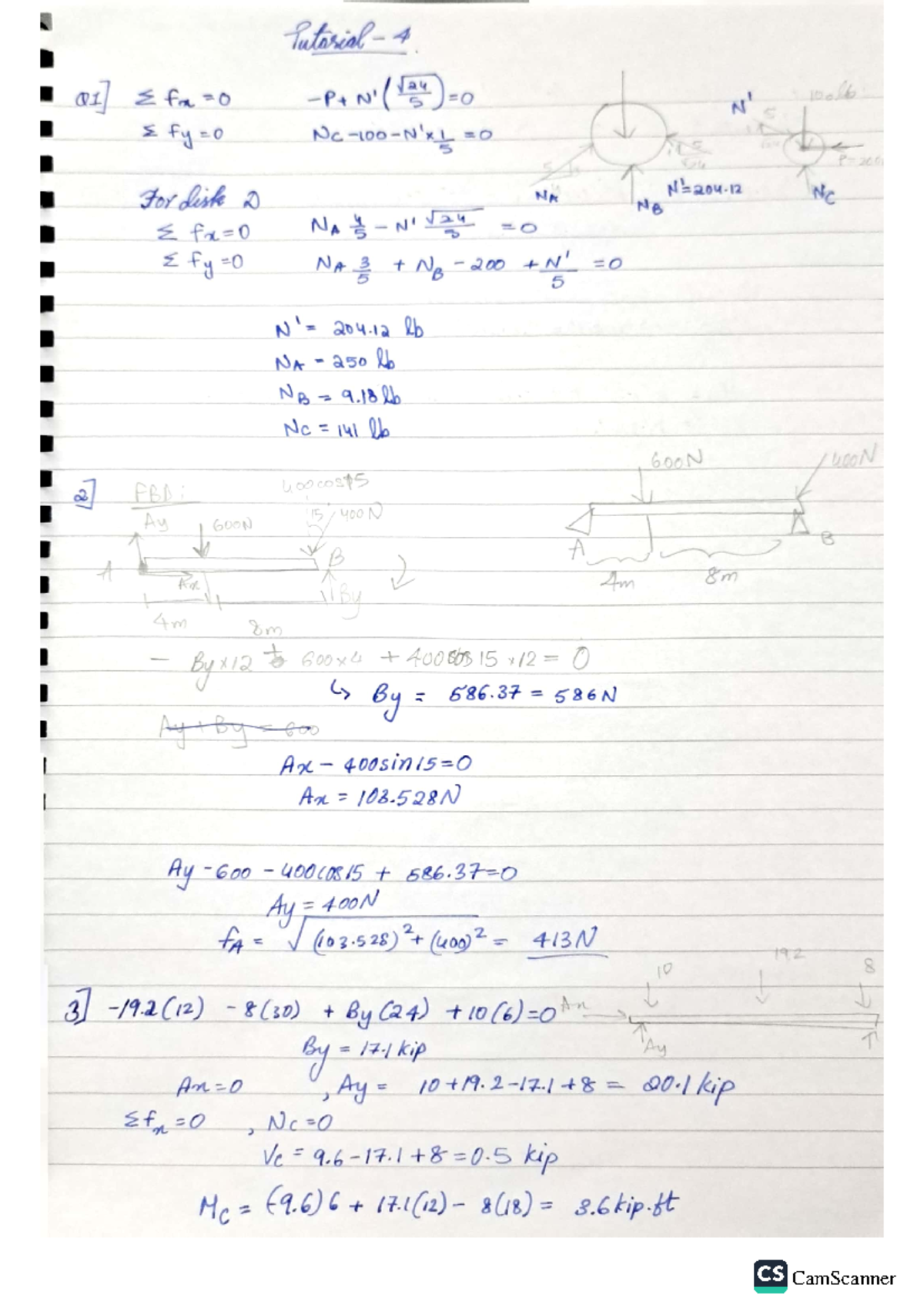 Tutorial 4 answers - Fundementals Of Engineering Mechanics - CamScanner ...