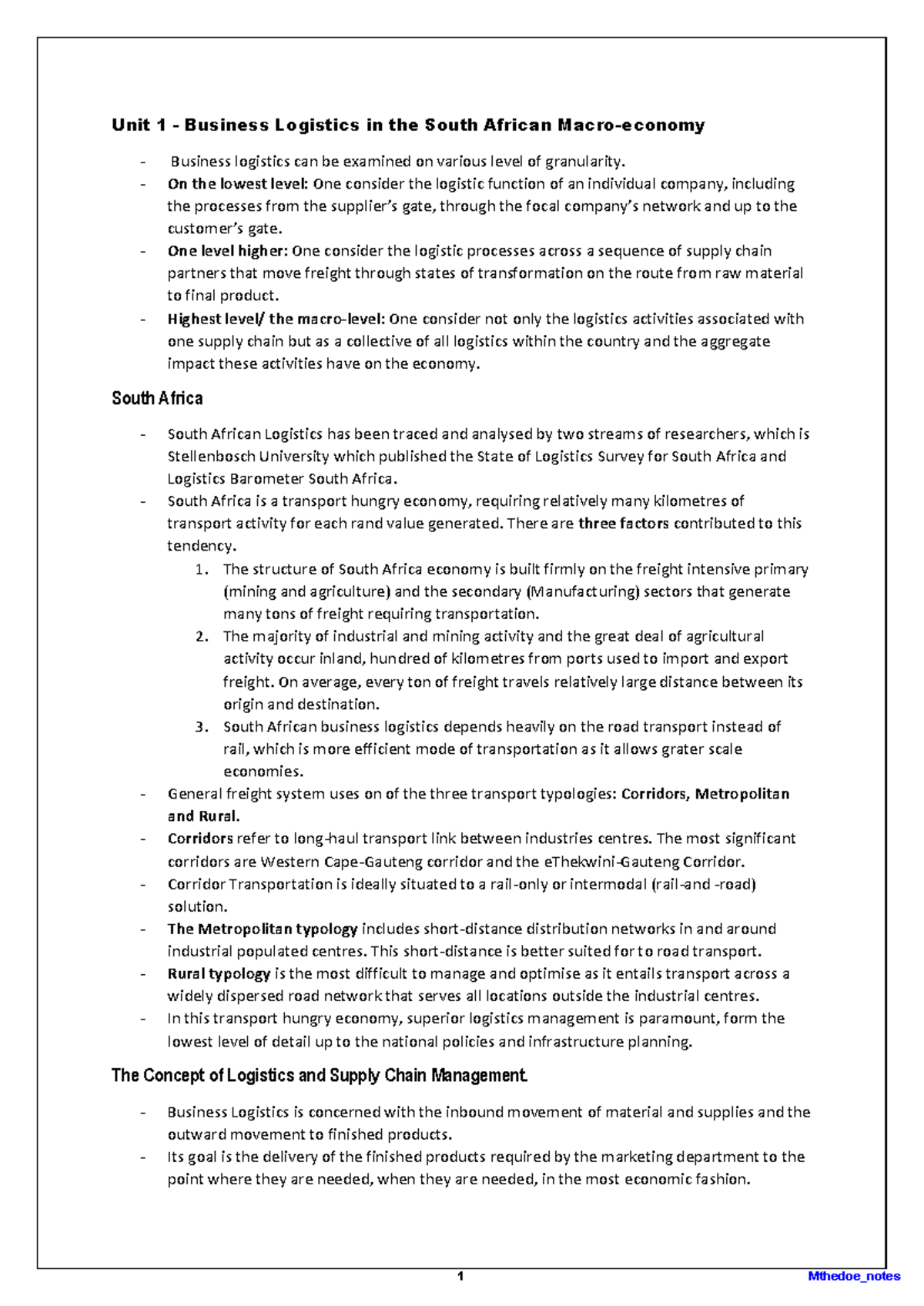 ESCM 101 - Unit 1: Business Logistics in South Africa Overview - Studocu