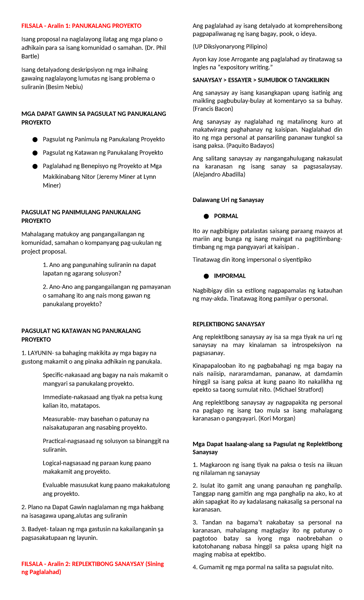 FILSALA - Aralin sa Pagsulat ng Panukalang Proyekto at Sanaysay - Studocu